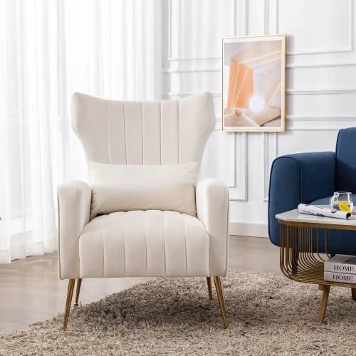 chairus Wingback Velvet Accent Chairs Set of 2, Modern Living Room Armchairs Comfy Upholstered Single Sofa Chair for Bedroom Dorms Reading Reception Room with Gold Legs & Small Pillow, Cream