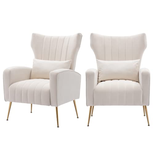 chairus Wingback Velvet Accent Chairs Set of 2, Modern Living Room Armchairs Comfy Upholstered Single Sofa Chair for Bedroom Dorms Reading Reception Room with Gold Legs & Small Pillow, Cream