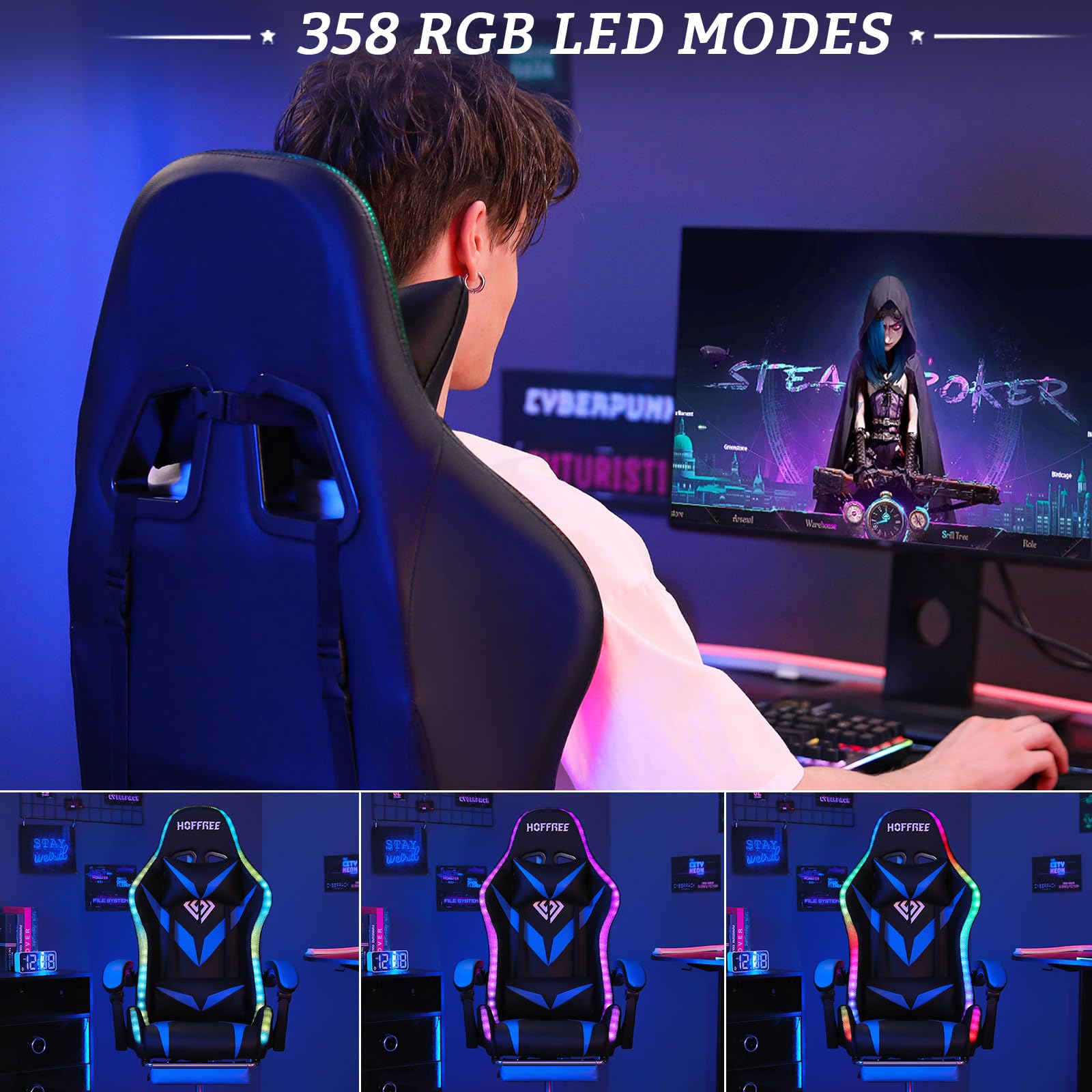 Gaming Chair with Massage and LED Lights Ergonomic Video Game Chairs with Footrest High Back Reclining Computer Chair with Adjustable Lumbar Support Blue and Black