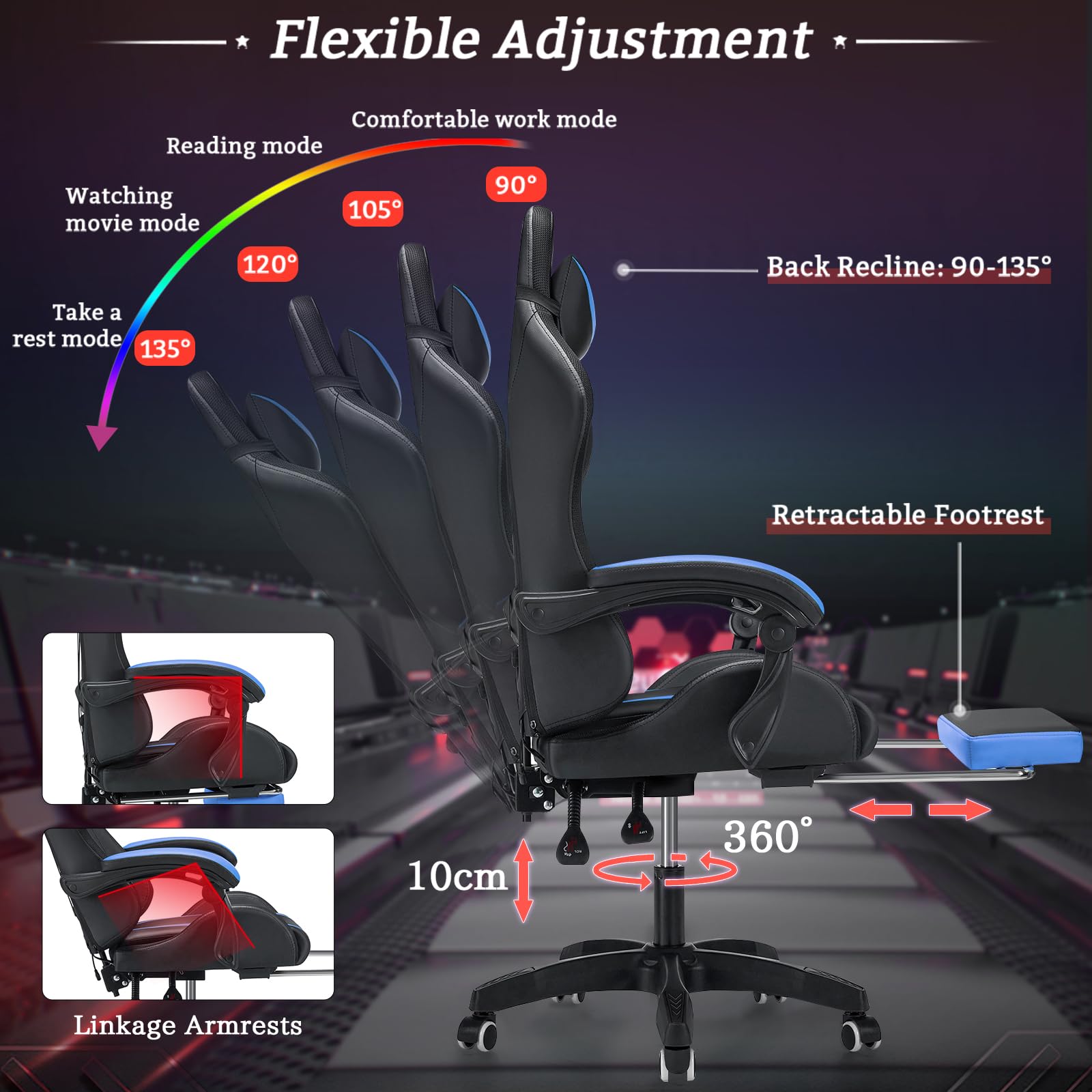 Gaming Chair with Massage and LED Lights Ergonomic Video Game Chairs with Footrest High Back Reclining Computer Chair with Adjustable Lumbar Support Blue and Black