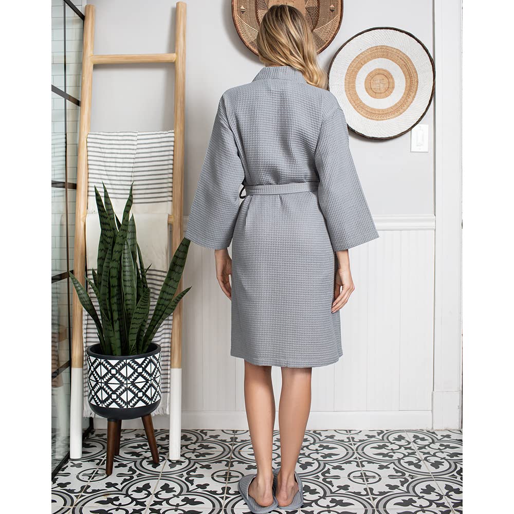 Lotus Linen Women's Lightweight Waffle Kimono Robes for Women - Cotton Spa Grey Bathrobes - Grey Bridesmaids Robe Set (Small, Grey)