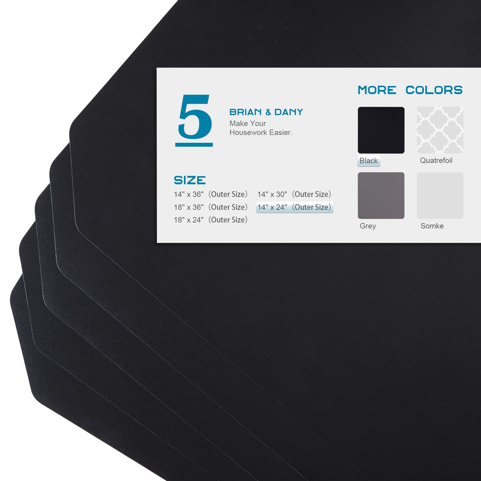 BRIAN & DANY Wire Shelf Liner 14" X 24", Heavy Duty Shelf Liners for Wire Shelving, Waterproof Protector Mats, Set of 5, Black