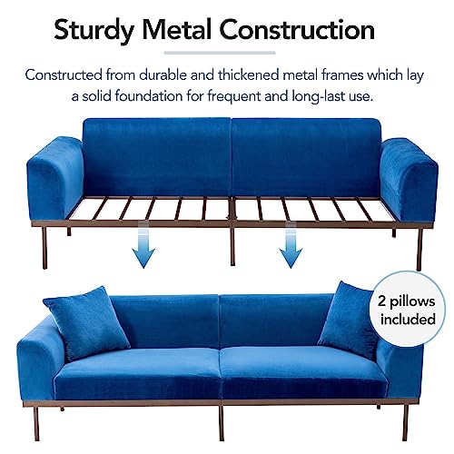 Winwee 3-Seater Sofa Couch with Metal Legs, Velvet Accent Sofa with Comfortable Seat Cushion, Modern Love-seat Sofa Couch with Two Pillows for Living Room and Bedroom (Blue)