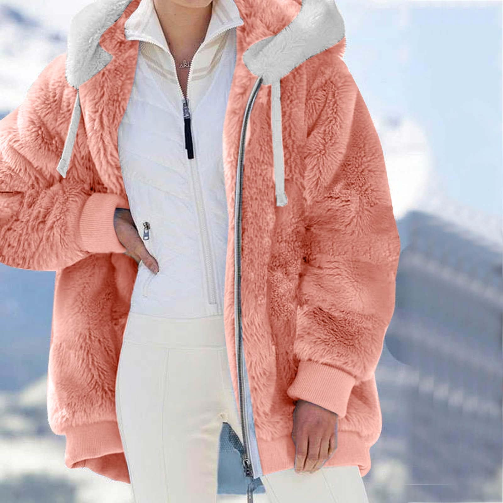 2023 Fleece Jacket Womens Plus Size Loose Fuzzy Jacket Colorblock Plush Zip Up Hoodies Casual Faux Fur Jacket Outerwear