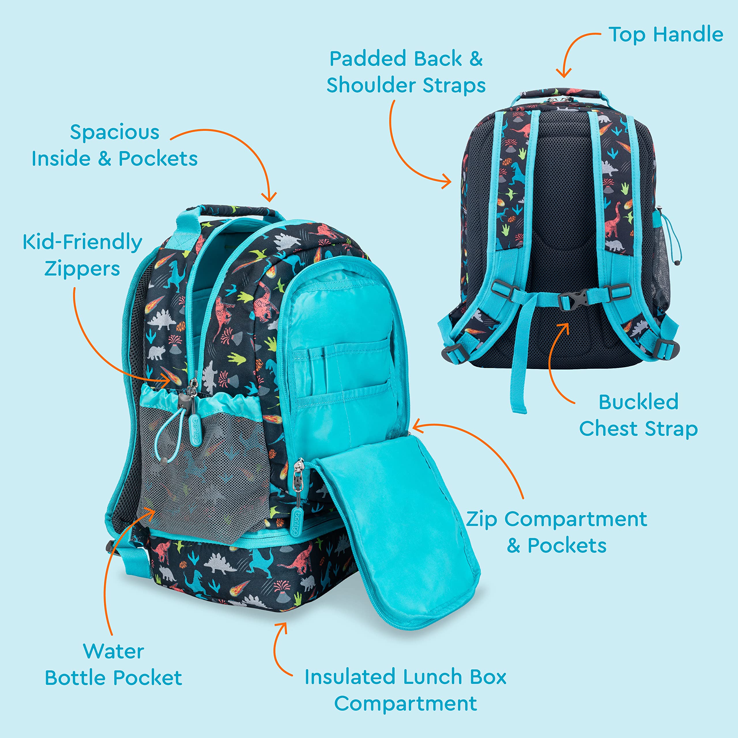 Bentgo® Kids 2-in-1 Backpack & Insulated Lunch Bag Set Water Bottle - New & Improved 2023 (Dinosaur)