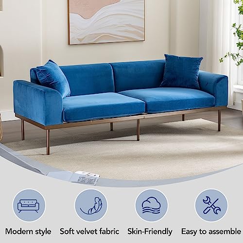 Winwee 3-Seater Sofa Couch with Metal Legs, Velvet Accent Sofa with Comfortable Seat Cushion, Modern Love-seat Sofa Couch with Two Pillows for Living Room and Bedroom (Blue)