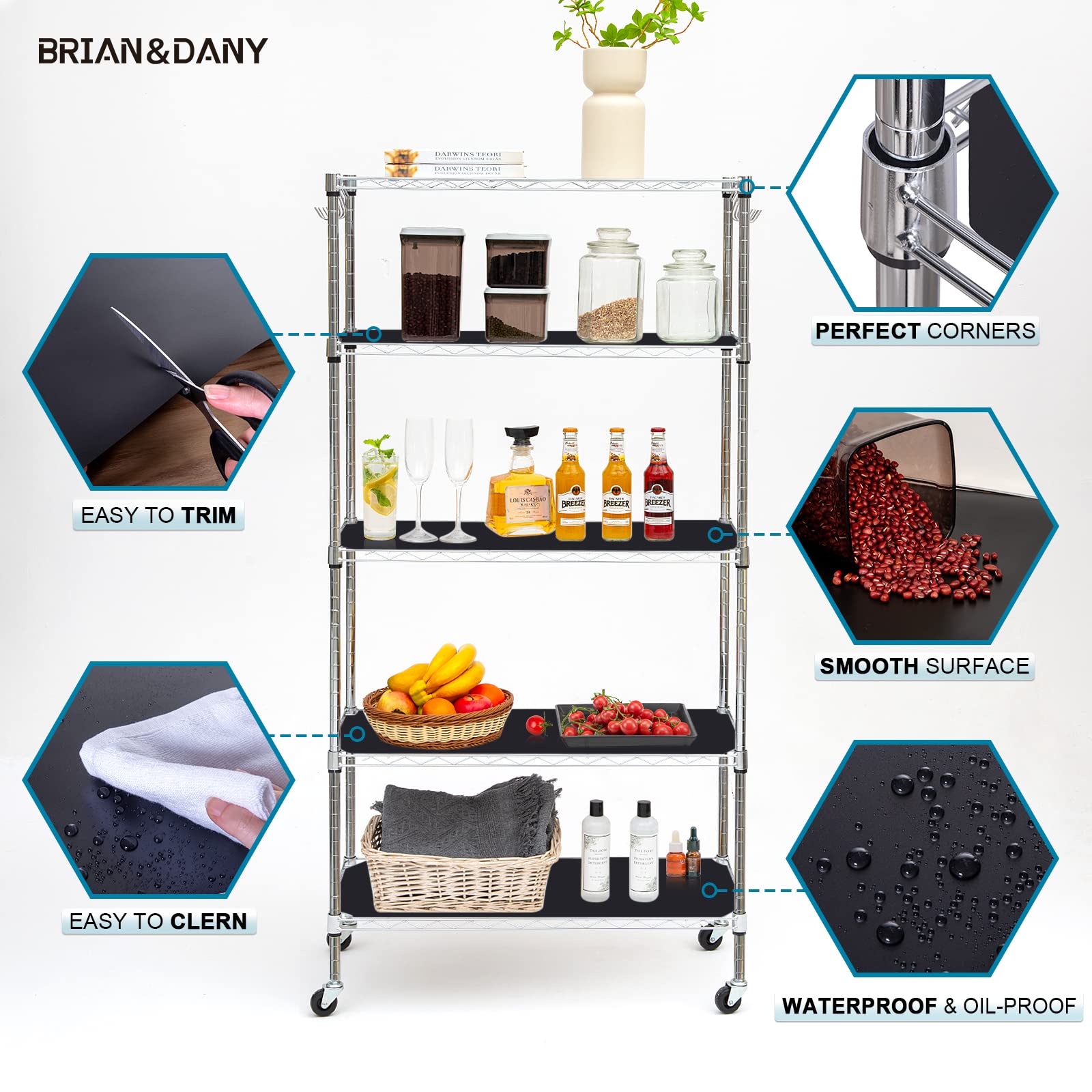 BRIAN & DANY Wire Shelf Liner 14" X 24", Heavy Duty Shelf Liners for Wire Shelving, Waterproof Protector Mats, Set of 5, Black
