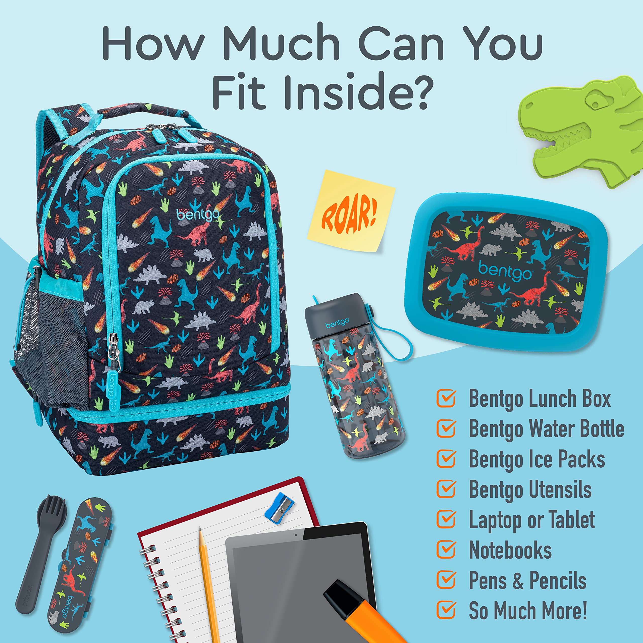 Bentgo® Kids 2-in-1 Backpack & Insulated Lunch Bag Set Water Bottle - New & Improved 2023 (Dinosaur)