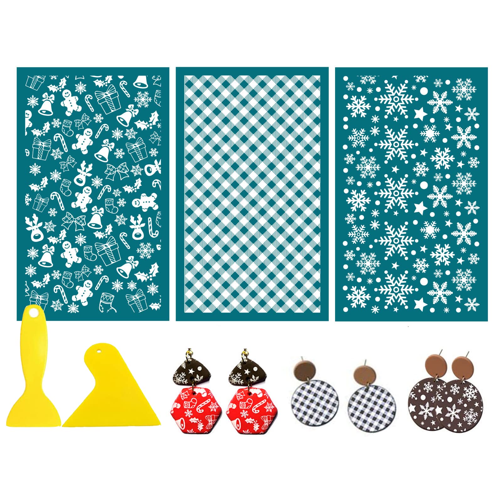 Christmas Silk Screen Stencils for Polymer Clay, 3Pcs Reusable Silk Screen Print Kit, for DIY Polymer Clay Jewelry Making