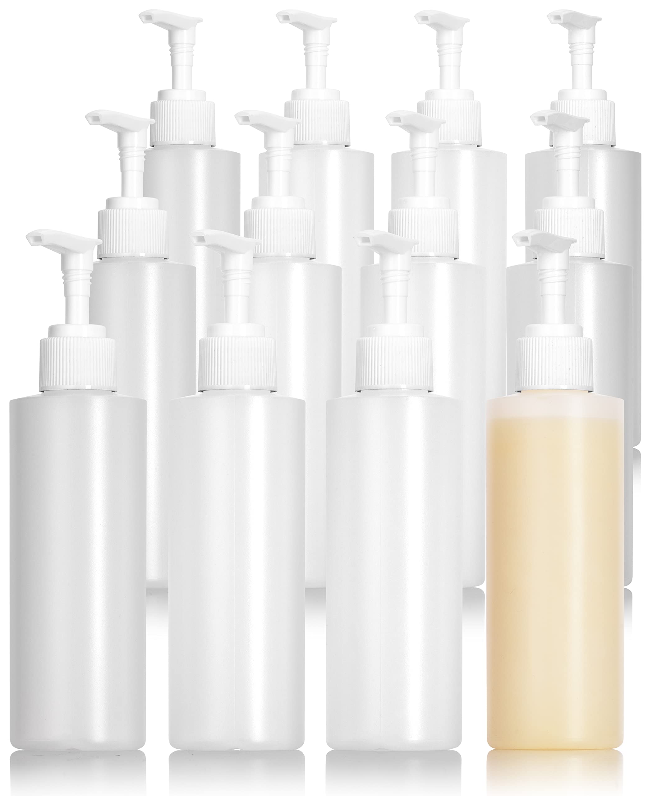 6 oz Clear Natural Refillable Plastic Squeeze Bottle with White Lotion Pump Dispenser (12 Pack)