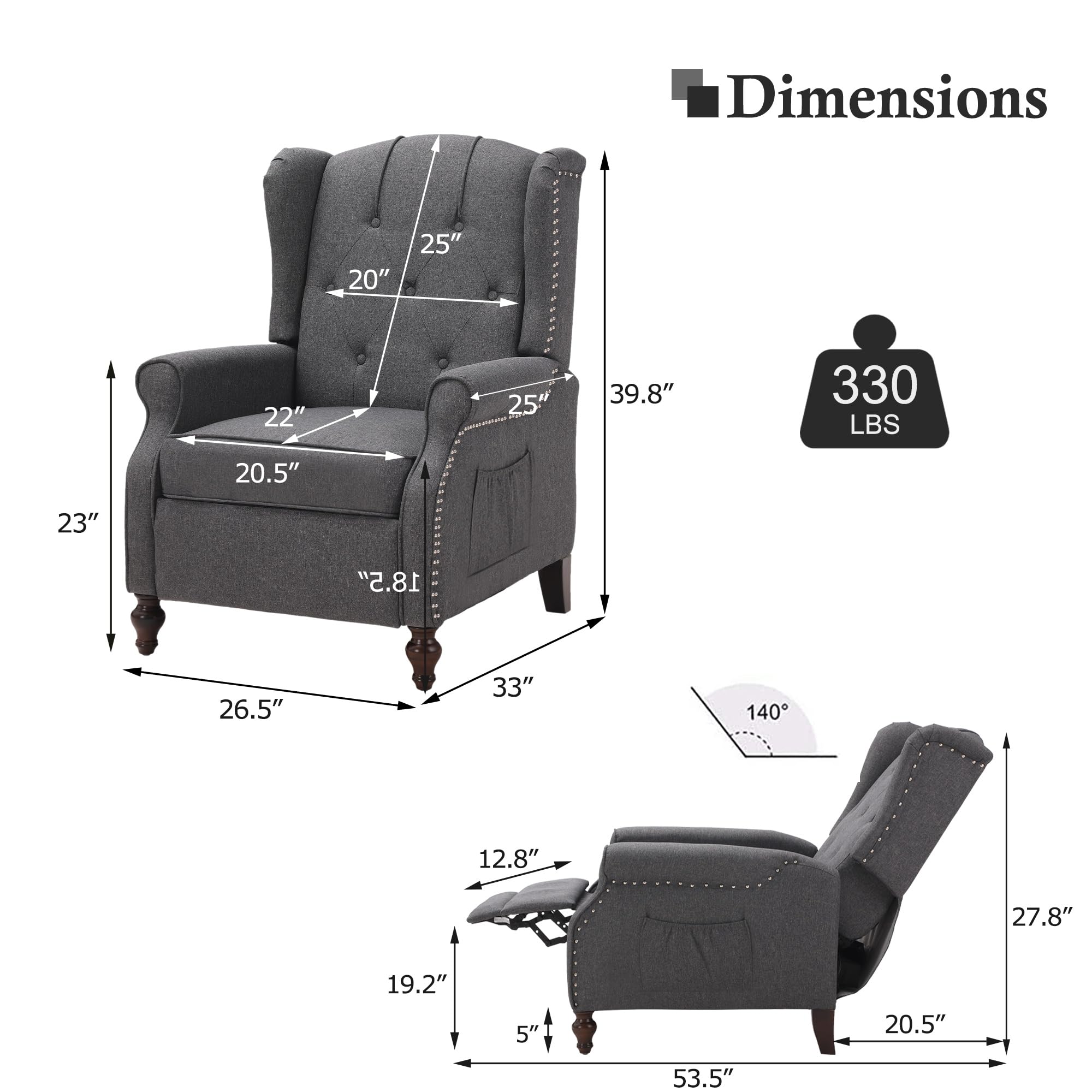 B BAIJIAWEI Tufted Wingback Recliner - Massage & Heat Function - Fabric Push Back Recliner with Remote Control, Adjustable Backrest (Grey)