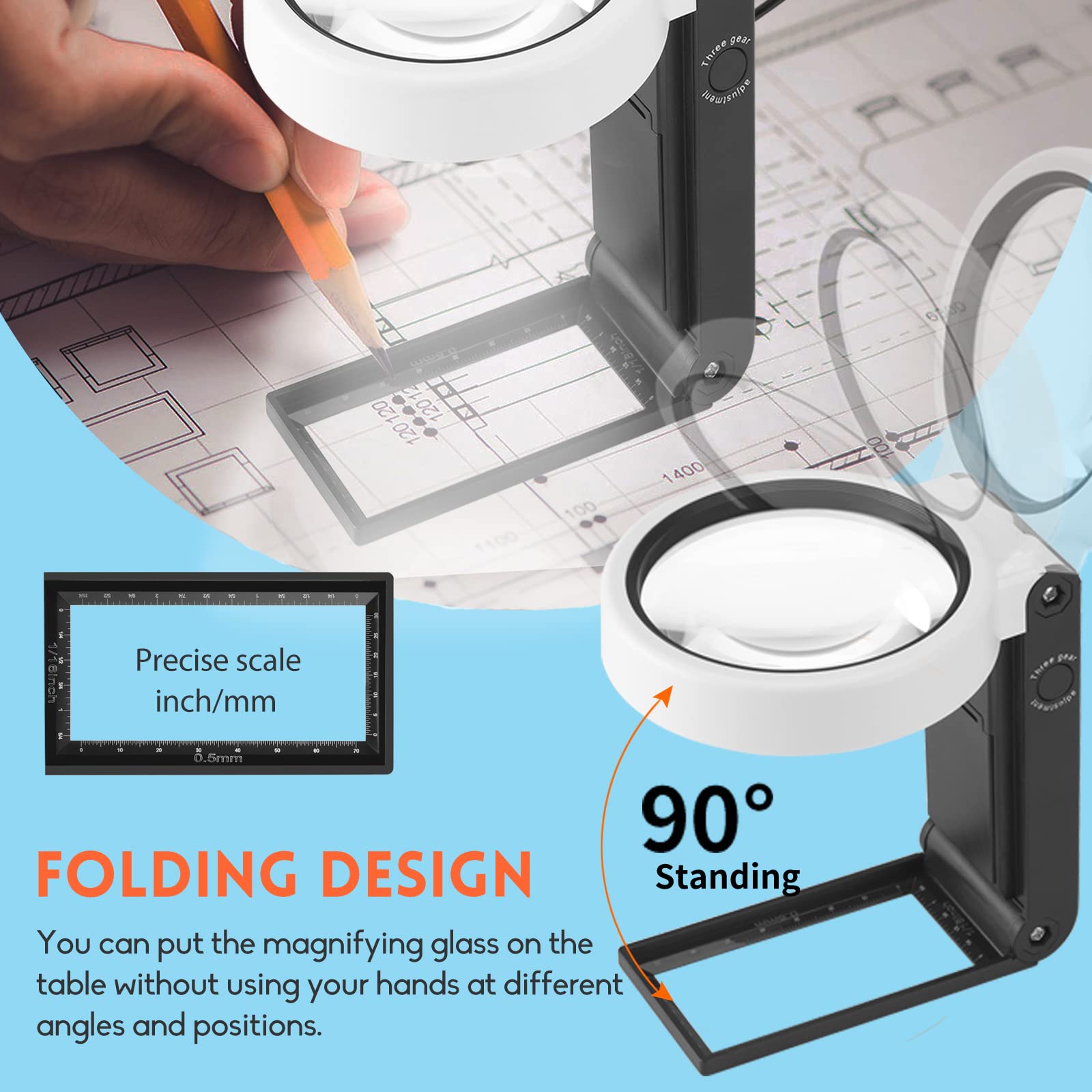 Anourney Magnifying Glass 30X 40X with Light and Stand, Handheld Standing LED Illuminated Magnifier, Folding Reading Magnifying Glass with for Seniors Read, Coins, Stamps, Map, Jewelry, Close Work