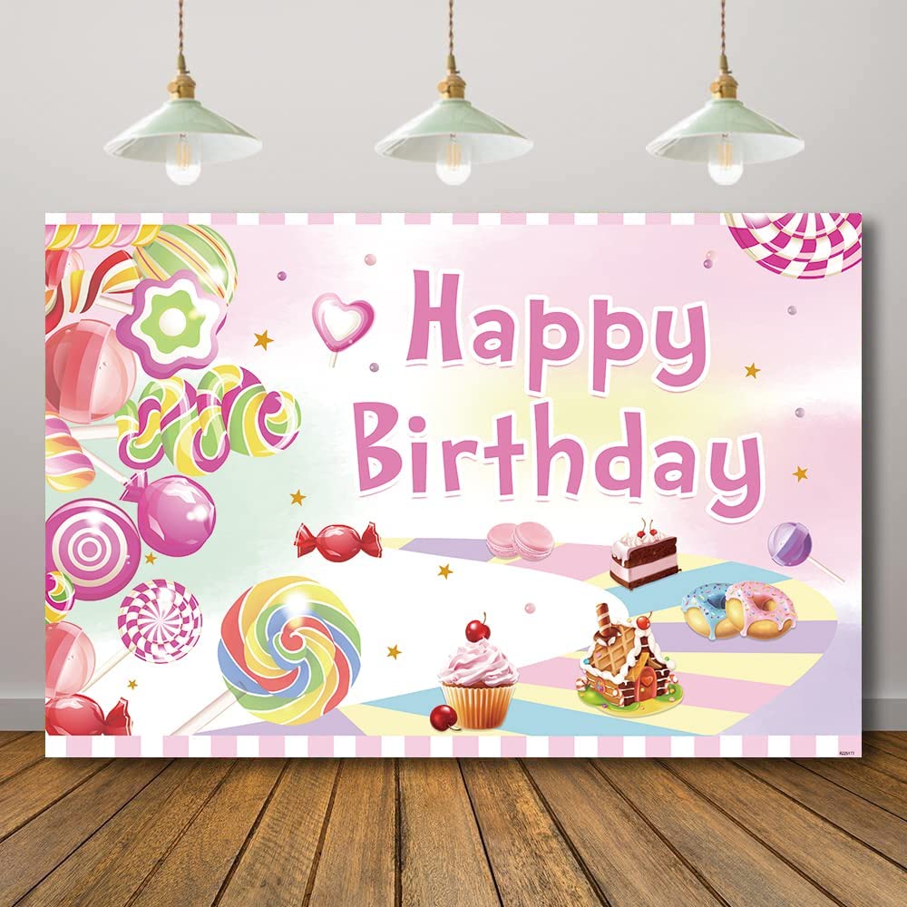 Rarcoirs Candy Birthday Party Backdrop for Kids Girls Sweet Birthday Desserts Background Candyland Cupcake Lollipop Donut Bday Cake Table Banner Favors 71X47inch, One Size