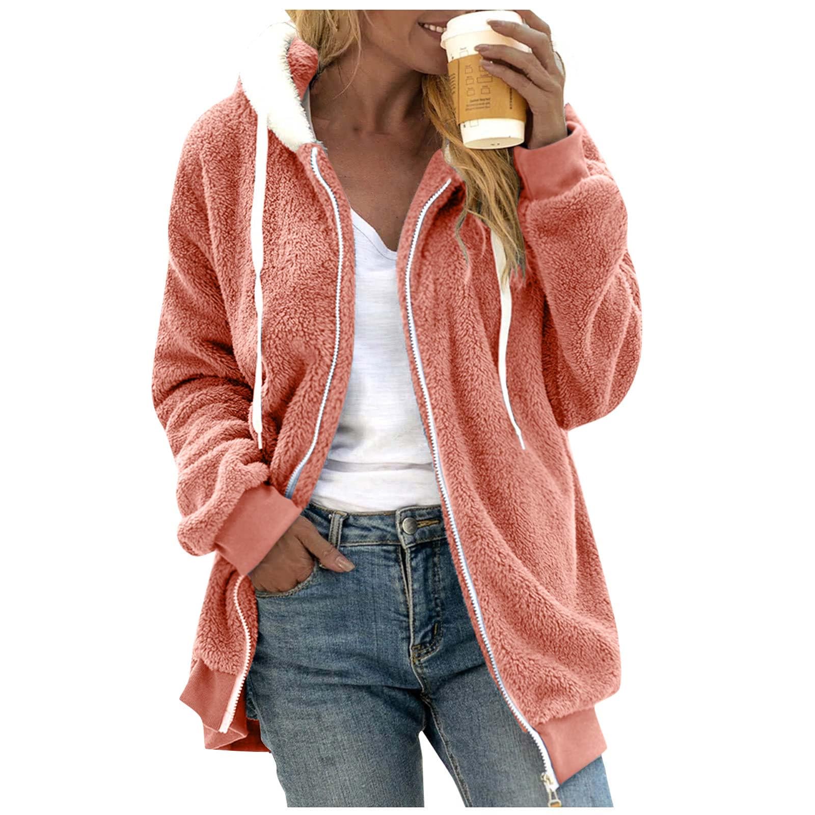 2023 Fleece Jacket Womens Plus Size Loose Fuzzy Jacket Colorblock Plush Zip Up Hoodies Casual Faux Fur Jacket Outerwear