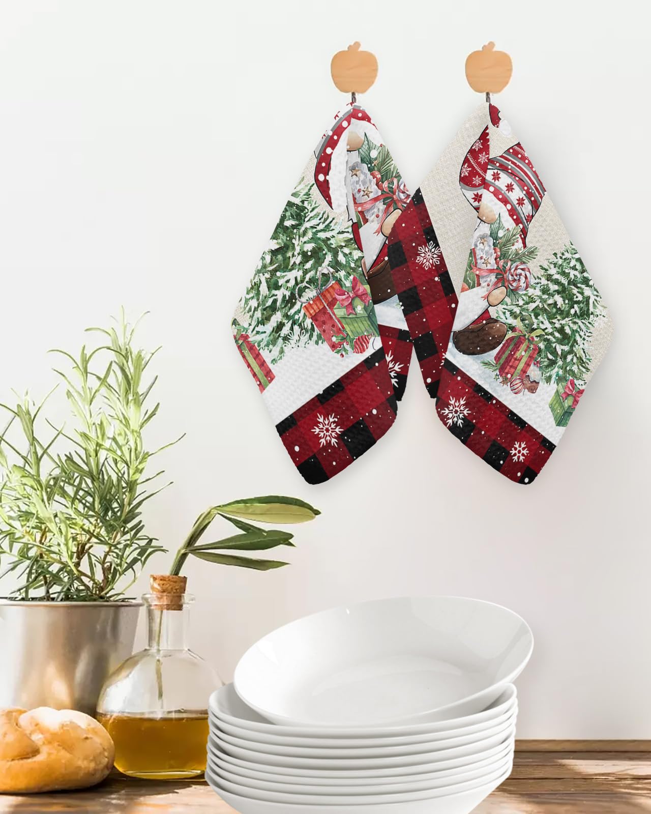 Hokiten Christmas Gnomes Waffle Kitchen Towels Dishcloths, Xmas Tree Winter Snowflake Red Black Plaid Absorbent Dish Towels | Hand Towels for Bathroom/Bar, 12 x 12 Inch, 2 Pcs