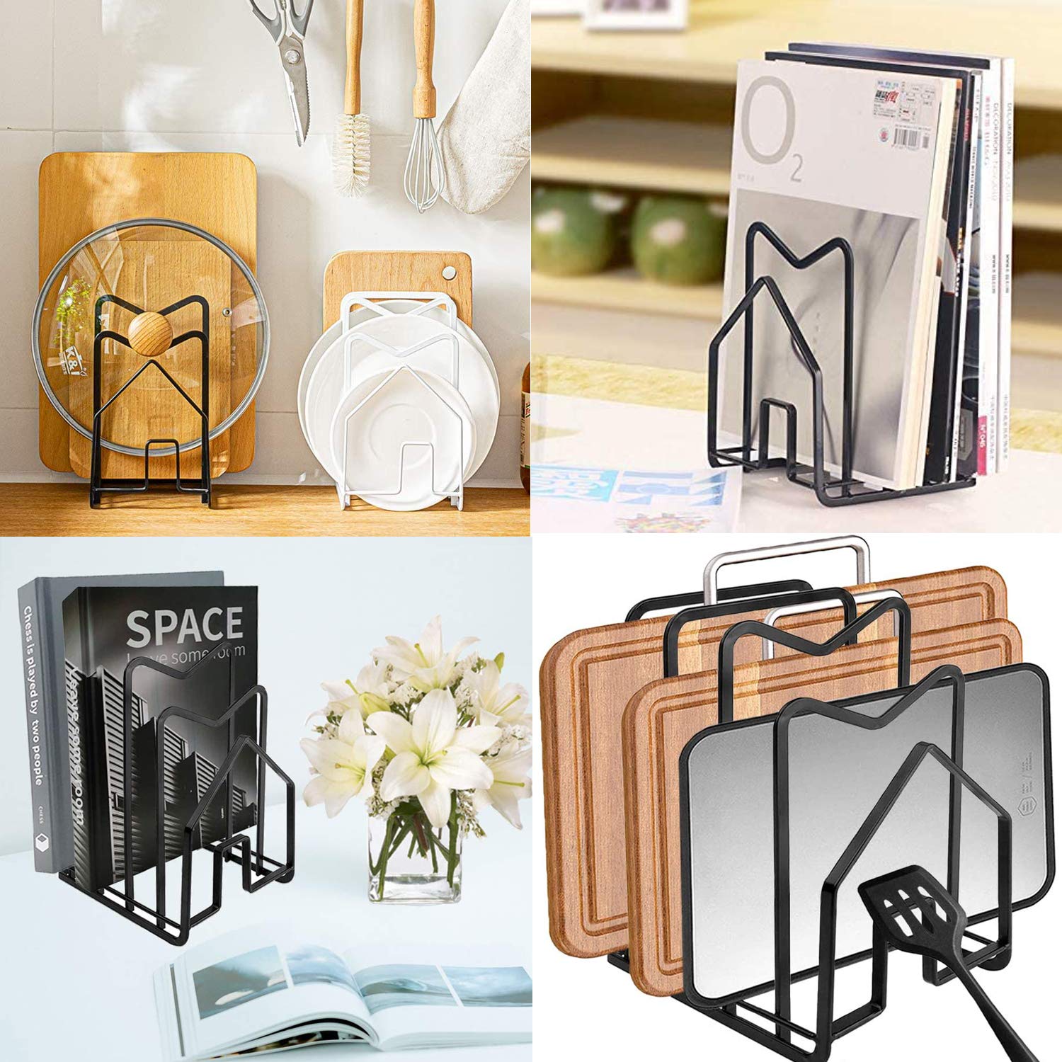 Kitchen Bakeware Pot Lid Rack Holder, 4 Slots Multifunctional Kitchen Organizer Metal Storage Shelf for Cookware, Chopping Cutting Board, Counter Cabinet, Plates, Dishes