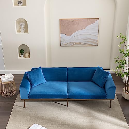 Winwee 3-Seater Sofa Couch with Metal Legs, Velvet Accent Sofa with Comfortable Seat Cushion, Modern Love-seat Sofa Couch with Two Pillows for Living Room and Bedroom (Blue)