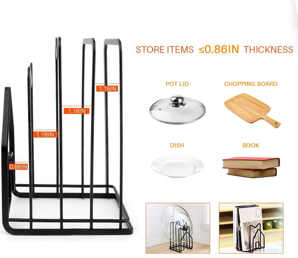 Kitchen Bakeware Pot Lid Rack Holder, 4 Slots Multifunctional Kitchen Organizer Metal Storage Shelf for Cookware, Chopping Cutting Board, Counter Cabinet, Plates, Dishes
