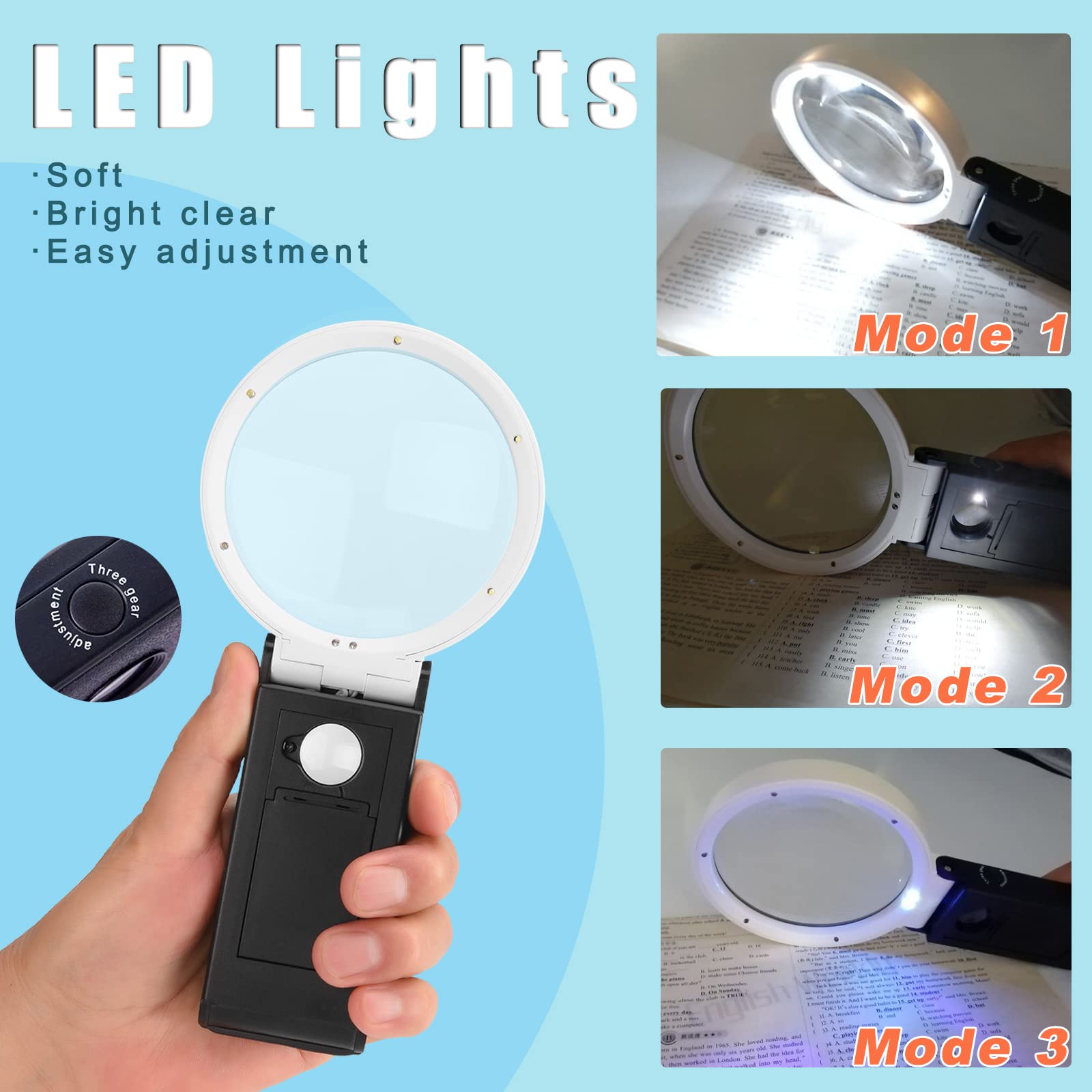 Anourney Magnifying Glass 30X 40X with Light and Stand, Handheld Standing LED Illuminated Magnifier, Folding Reading Magnifying Glass with for Seniors Read, Coins, Stamps, Map, Jewelry, Close Work