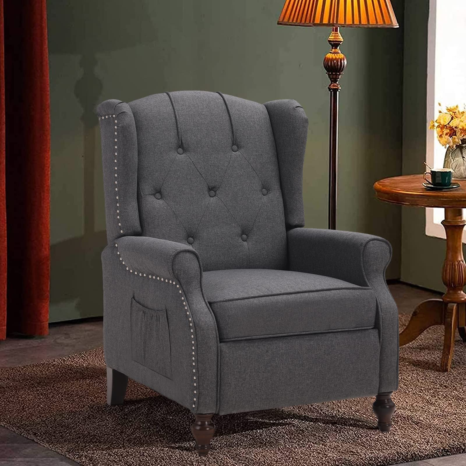 B BAIJIAWEI Tufted Wingback Recliner - Massage & Heat Function - Fabric Push Back Recliner with Remote Control, Adjustable Backrest (Grey)