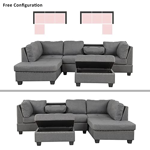 Reversible Modular Sectional Sofa,Longue Chaise,Rivet Ornament L-Shape Corner 5-Seat Couch Upholstered Sofá with Storage Ottoman&2 Cup Holders for Living Room Furniture Sets
