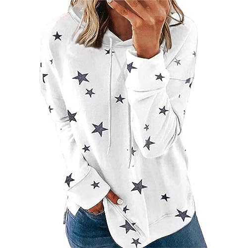 Print Hoodies for Womens Long Sleeve Casual Pullvoer Star Graphic Sweatshirt Teen Girls Going Out Tops Cute Hoodies White