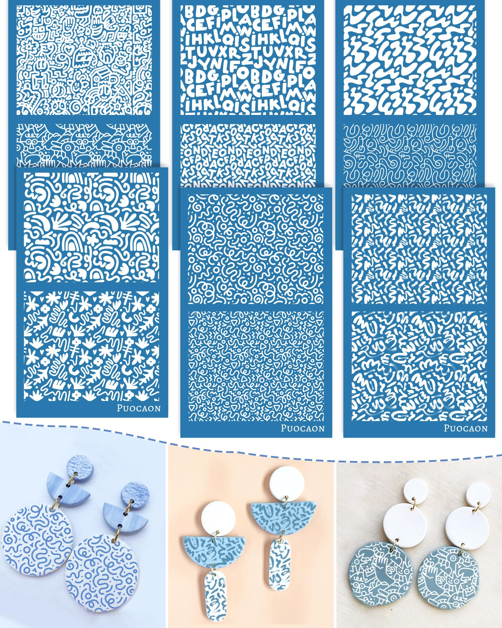 Puocaon Graffiti Silk Screen Stencils - 6 Pcs Reusable Polymer Clay Silk Screen Stencils, Cute Screen Stencils for Polymer Clay Earrings Making, Silk Screen for Transfer Patterns on Polymer Clay