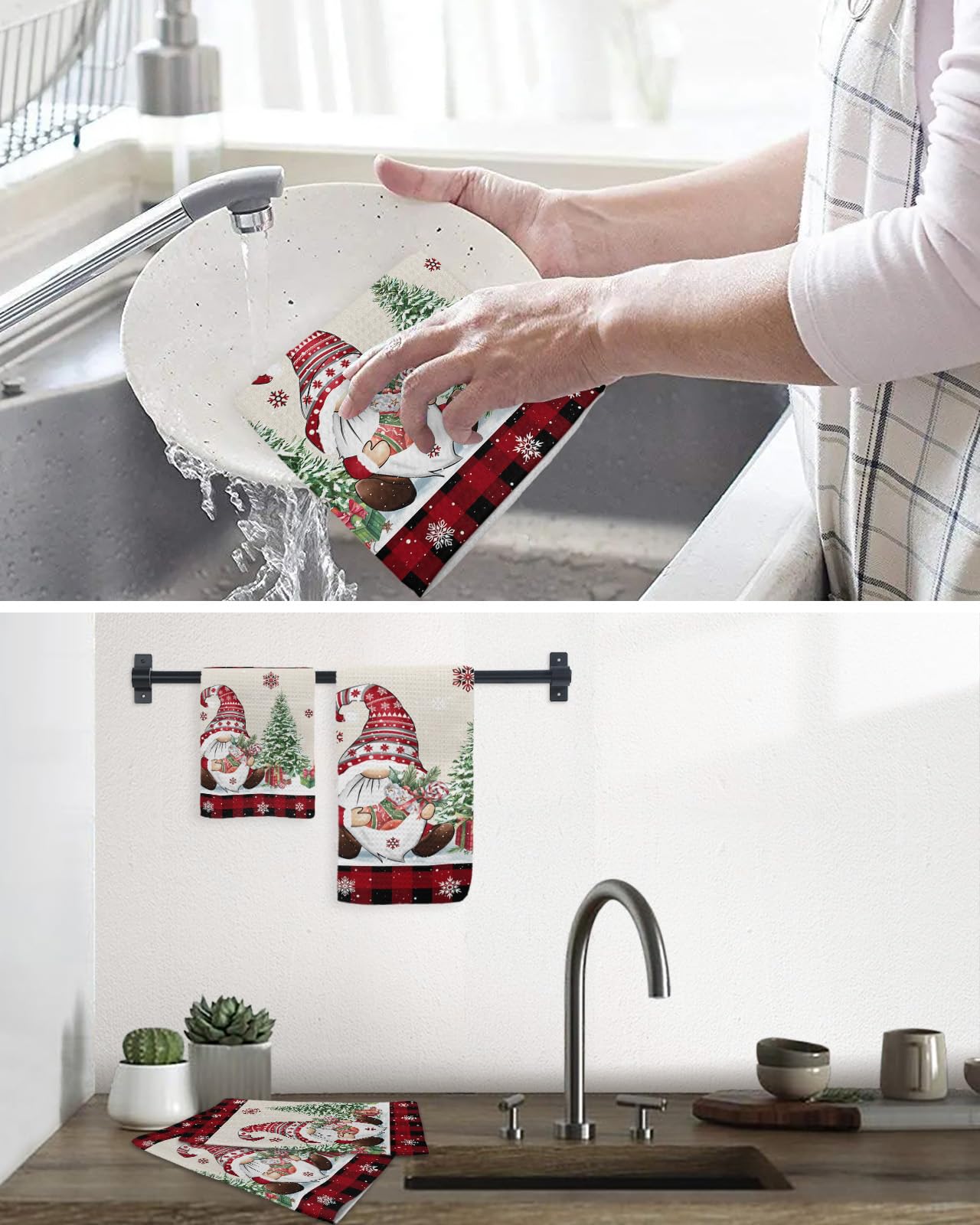 Hokiten Christmas Gnomes Waffle Kitchen Towels Dishcloths, Xmas Tree Winter Snowflake Red Black Plaid Absorbent Dish Towels | Hand Towels for Bathroom/Bar, 12 x 12 Inch, 2 Pcs