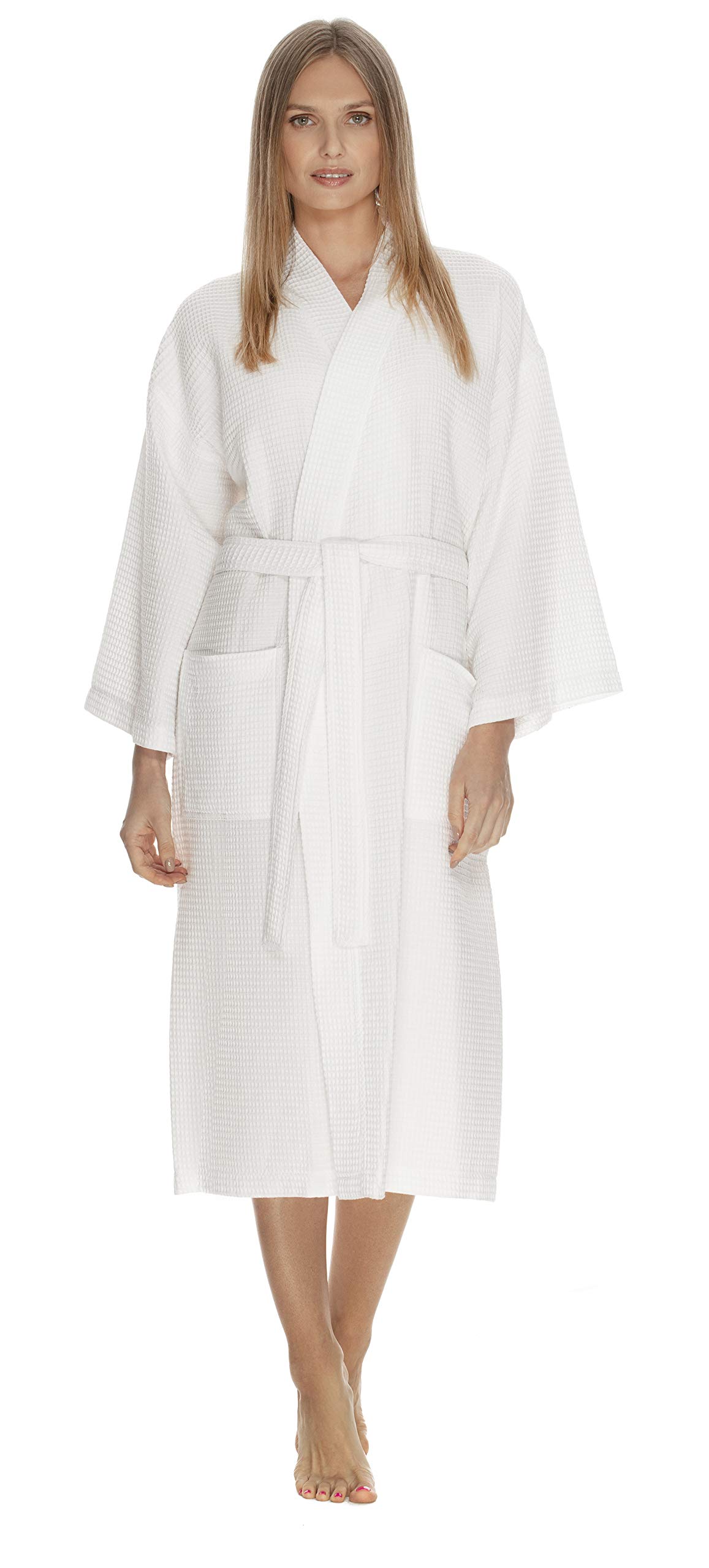 Waffle Robe for Women by BOCA TERRY, Waffle Knit Robe, Long Cotton Kimono Hotel Bathrobe, White Small/Medium