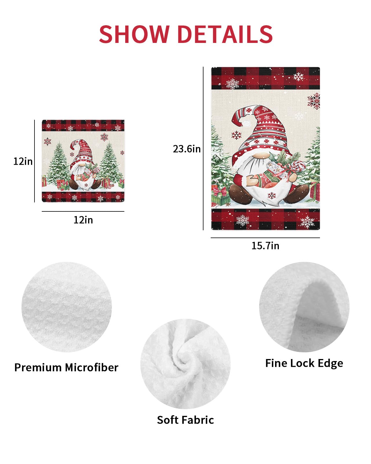 Hokiten Christmas Gnomes Waffle Kitchen Towels Dishcloths, Xmas Tree Winter Snowflake Red Black Plaid Absorbent Dish Towels | Hand Towels for Bathroom/Bar, 12 x 12 Inch, 2 Pcs