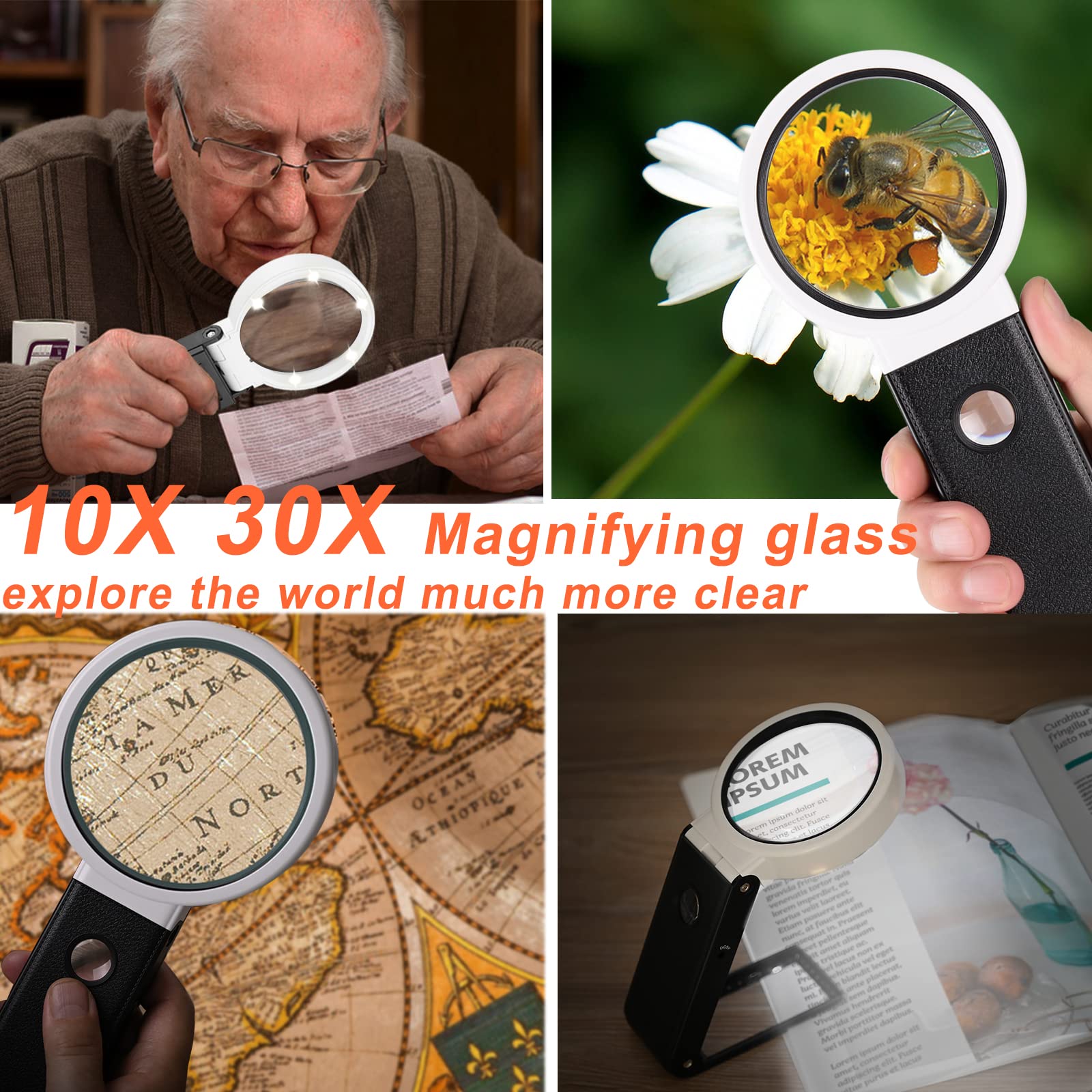 Anourney Magnifying Glass 30X 40X with Light and Stand, Handheld Standing LED Illuminated Magnifier, Folding Reading Magnifying Glass with for Seniors Read, Coins, Stamps, Map, Jewelry, Close Work