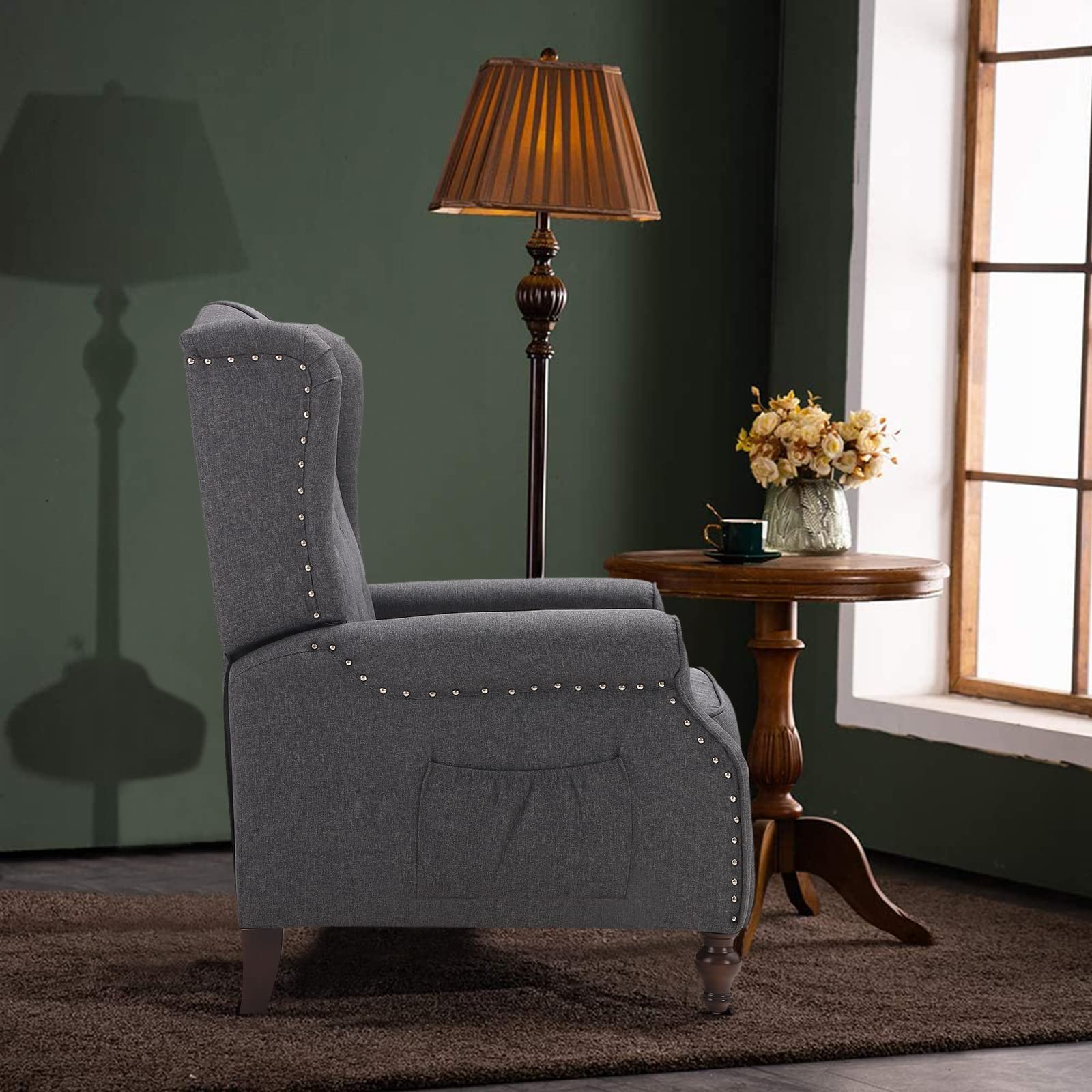 B BAIJIAWEI Tufted Wingback Recliner - Massage & Heat Function - Fabric Push Back Recliner with Remote Control, Adjustable Backrest (Grey)