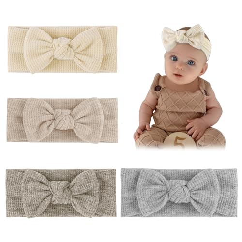 YanJie 4 PCS Baby Girl Headbands Handmade Big Bows Soft Stretchy Infant Newborn Headband with Bows Headwrap Hair Accessories Beige Light Khaki Coffee Gray