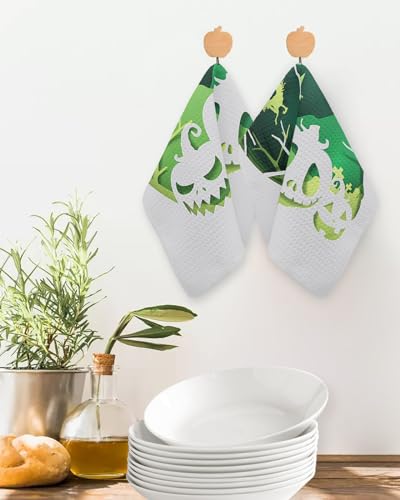 Hokiten Halloween Waffle Kitchen Towels Dishcloths, Green Ombre Pumpkins Castle Witch Absorbent Dish Towels | Hand Towels for Bathroom/Bar, 12 x 12 Inch, 2 Pcs