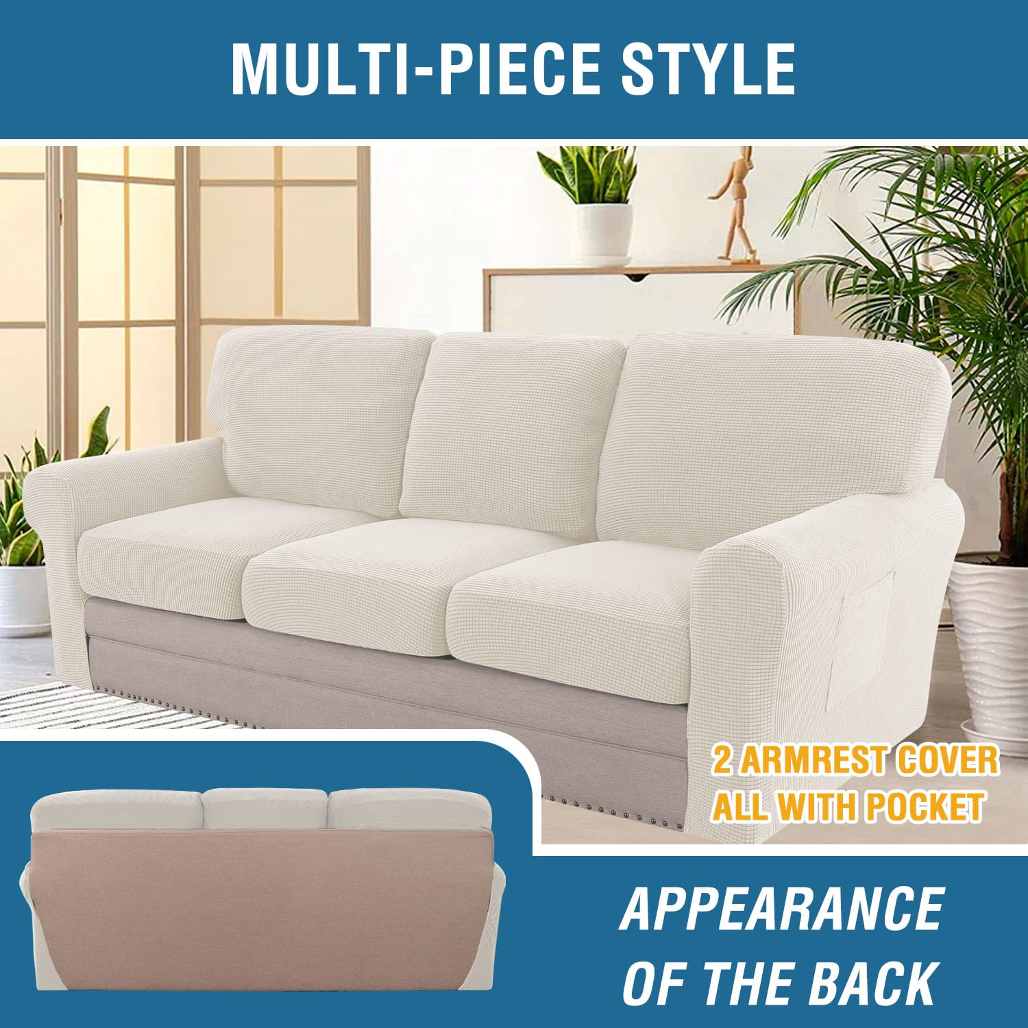 H.VERSAILTEX Multi-Pieces Sofa Covers Stretch Couch Covers Form Fitted Seats and Back Cushions Covers (3 Seat Covers Plus 3 Back Cusion Covers, Bonus 2 Armrest Covers), Ivory
