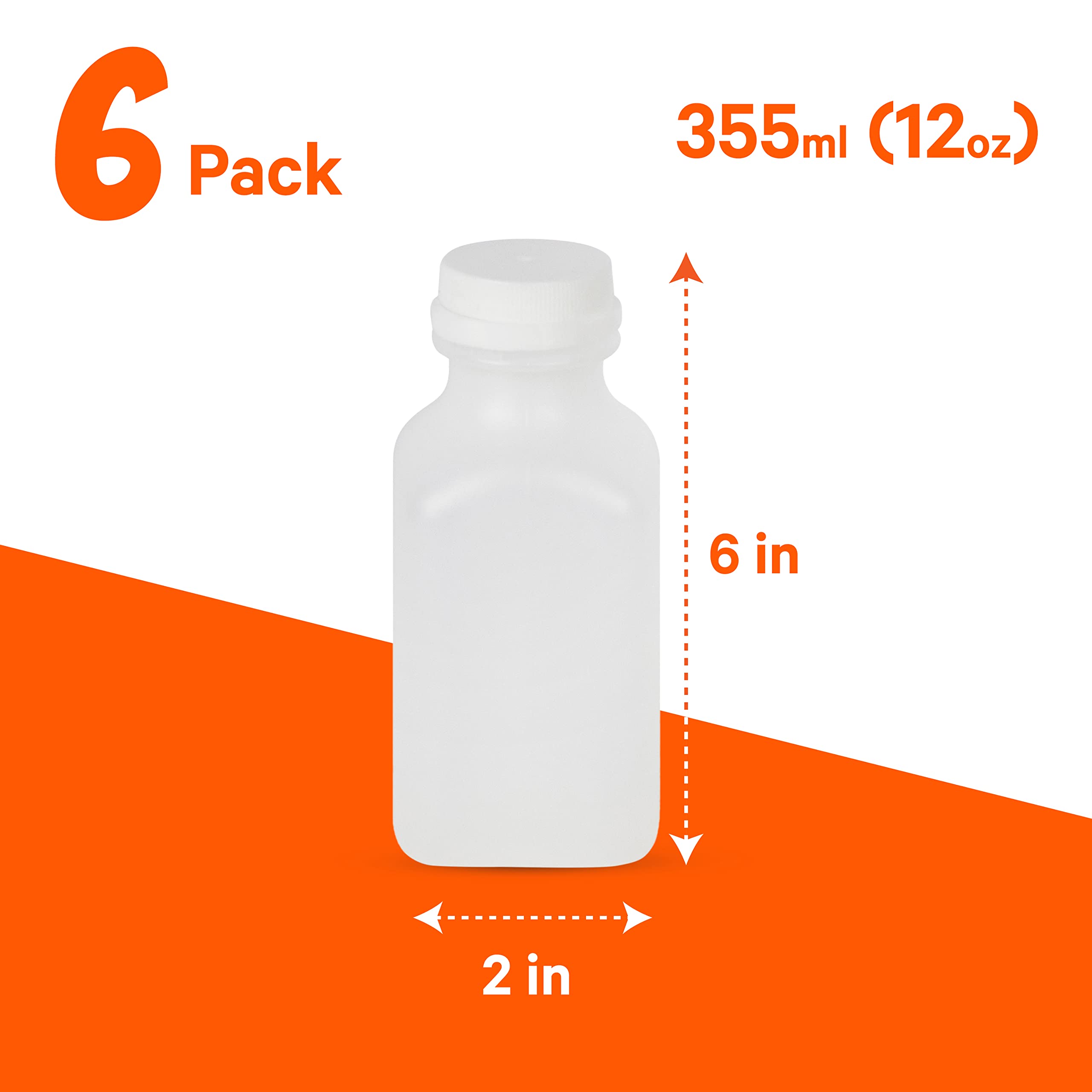 CUNTAIN juice bottles – Set of 6 HDPE Plastic Juice Bottles with Caps – 12 oz Empty Containers for Beverages, Water, Juice – Leakproof Plastic Containers with Lids, Bottles for Juice