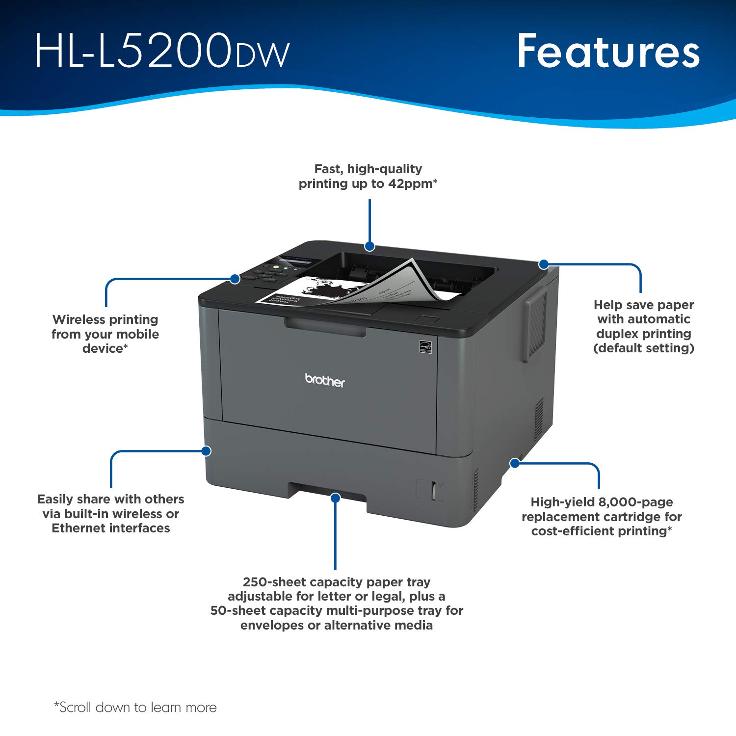 Brother HL-L5200DW Wireless Monochrome Single-Function Laser Printer for Home Office, Gray - Print only - 42 ppm, 1200 x 1200 dpi, 8.5" x 14" Legal, 256MB Memory, Auto Duplex Printing, Ethernet