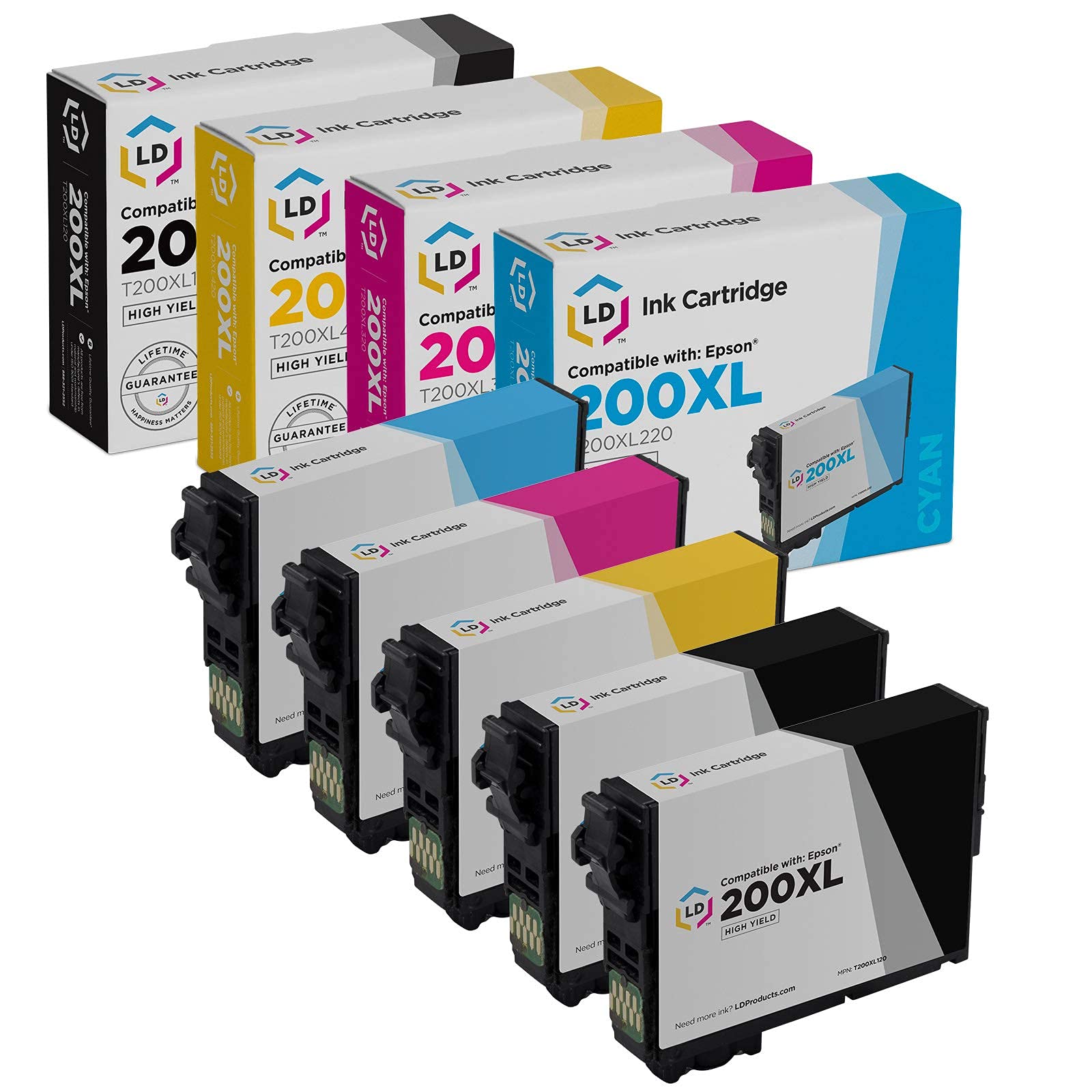 LD Products Remanufactured Replacements for Epson 200xl Ink Cartridges 200 XL High Yield for XP-200, XP-300, XP-310, XP-400, WF-2520, WF-2530, WF-2540 (2 Black, 1 Cyan, 1 Magenta, 1 Yellow, 5-Pack)