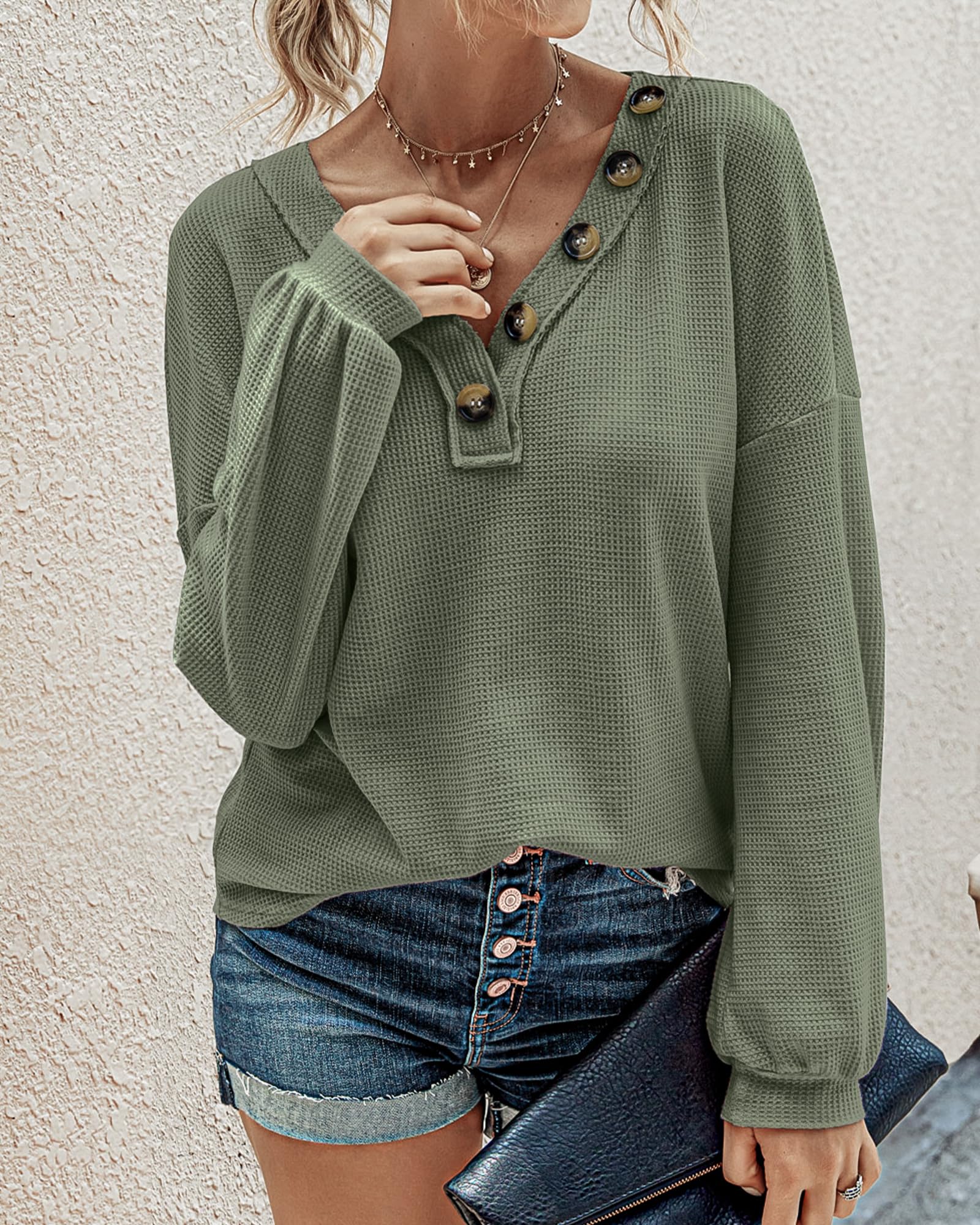 BTFBM Women Long Sleeve Shirts Fall Fashion 2025 V Neck Loose Casual Blouse Deco Button Lightweight Waffle Knit Pullover(Army Green, Small)