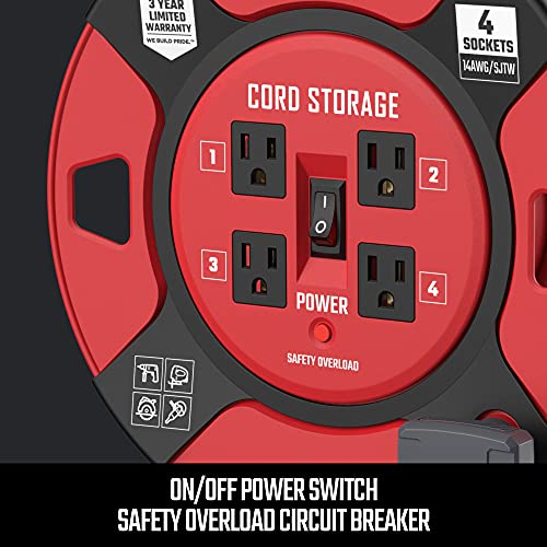 CRAFTSMAN Retractable Extension Cord Reel 1 Ft. With 4 Outlets, Cable Management & Heavy Duty 14AWG SJTW Cable