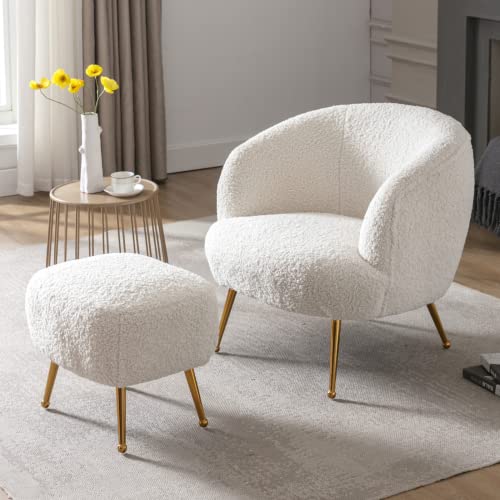 LukeAlon Sherpa Accent Chair with Ottoman Set, Upholstered Round Back Living Room Chair with Footrest Comfy Sofa Chair with Golden Metal Legs Elegant Barrel Chair for Reading Room, White