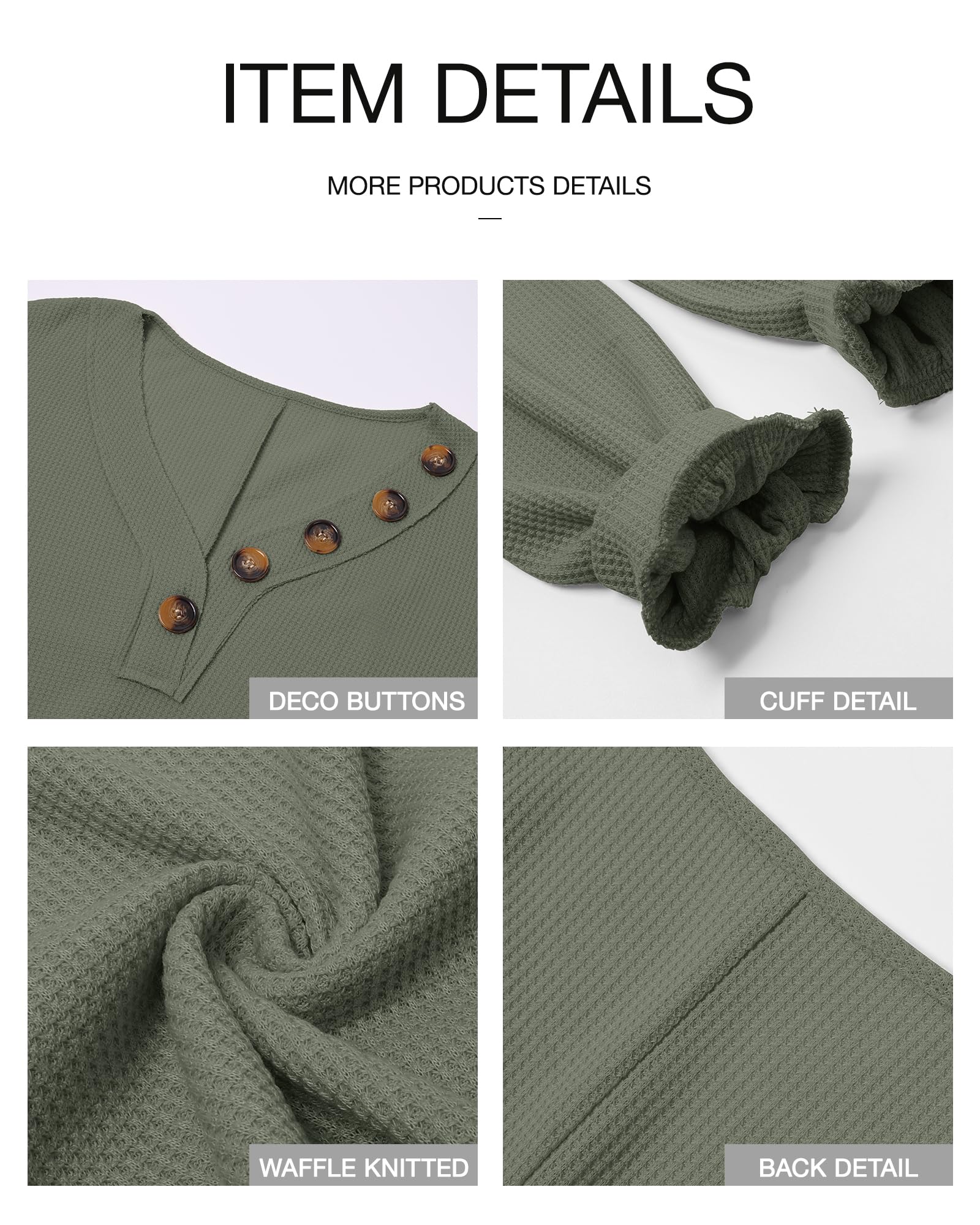 BTFBM Women Long Sleeve Shirts Fall Fashion 2025 V Neck Loose Casual Blouse Deco Button Lightweight Waffle Knit Pullover(Army Green, Small)