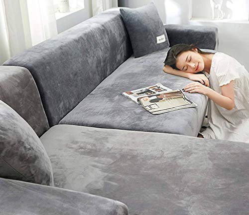 IMYOGI High Stretch Sofa Covers Thick Sofa Covers 1/2/3 Seater Velvet L Shape Sofa Slipcover Easy Fit Stretch Elastic Fabric Sofa Couch Furniture Protector-4 Seater+4 Seater-Lake Blue