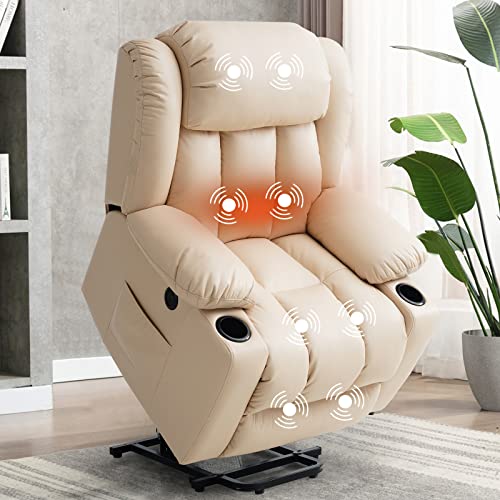 ASHOMELI Power Lift Recliner Chair for Elderly with Massage and Heating Function,2 Side Pocket,2 Cup Holders,USB Charge Port (Beige)