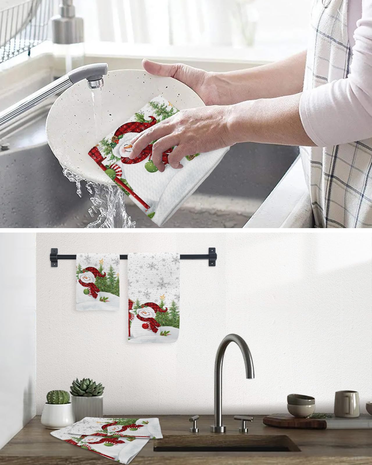 Hokiten Christmas Snowman Waffle Kitchen Towels Dishcloths, Green Xmas Tree Winter Snowflake Absorbent Dish Towels | Hand Towels for Bathroom/Bar, 12 x 12 Inch, 2 Pcs