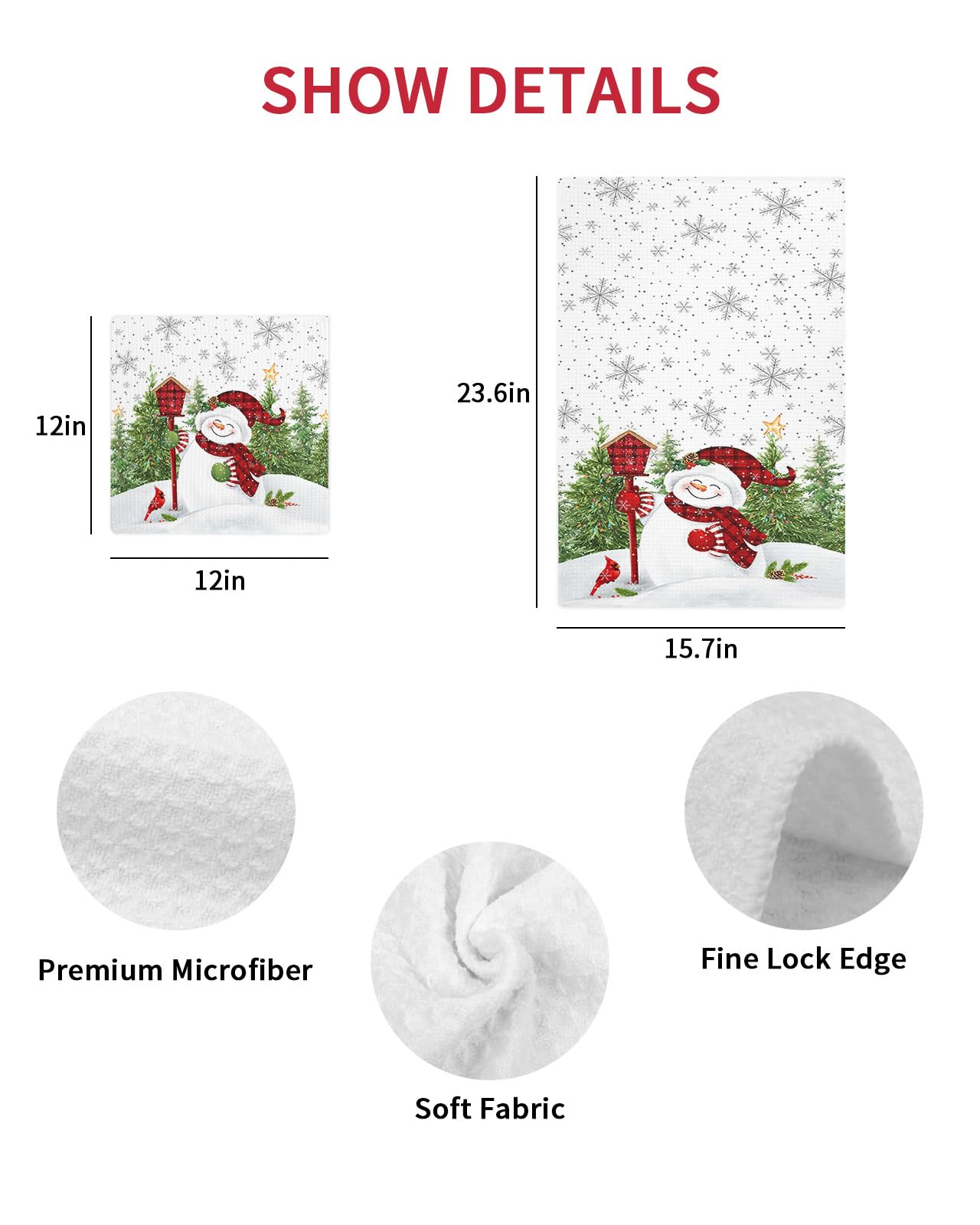 Hokiten Christmas Snowman Waffle Kitchen Towels Dishcloths, Green Xmas Tree Winter Snowflake Absorbent Dish Towels | Hand Towels for Bathroom/Bar, 12 x 12 Inch, 2 Pcs