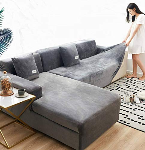 IMYOGI High Stretch Sofa Covers Thick Sofa Covers 1/2/3 Seater Velvet L Shape Sofa Slipcover Easy Fit Stretch Elastic Fabric Sofa Couch Furniture Protector-4 Seater+4 Seater-Lake Blue