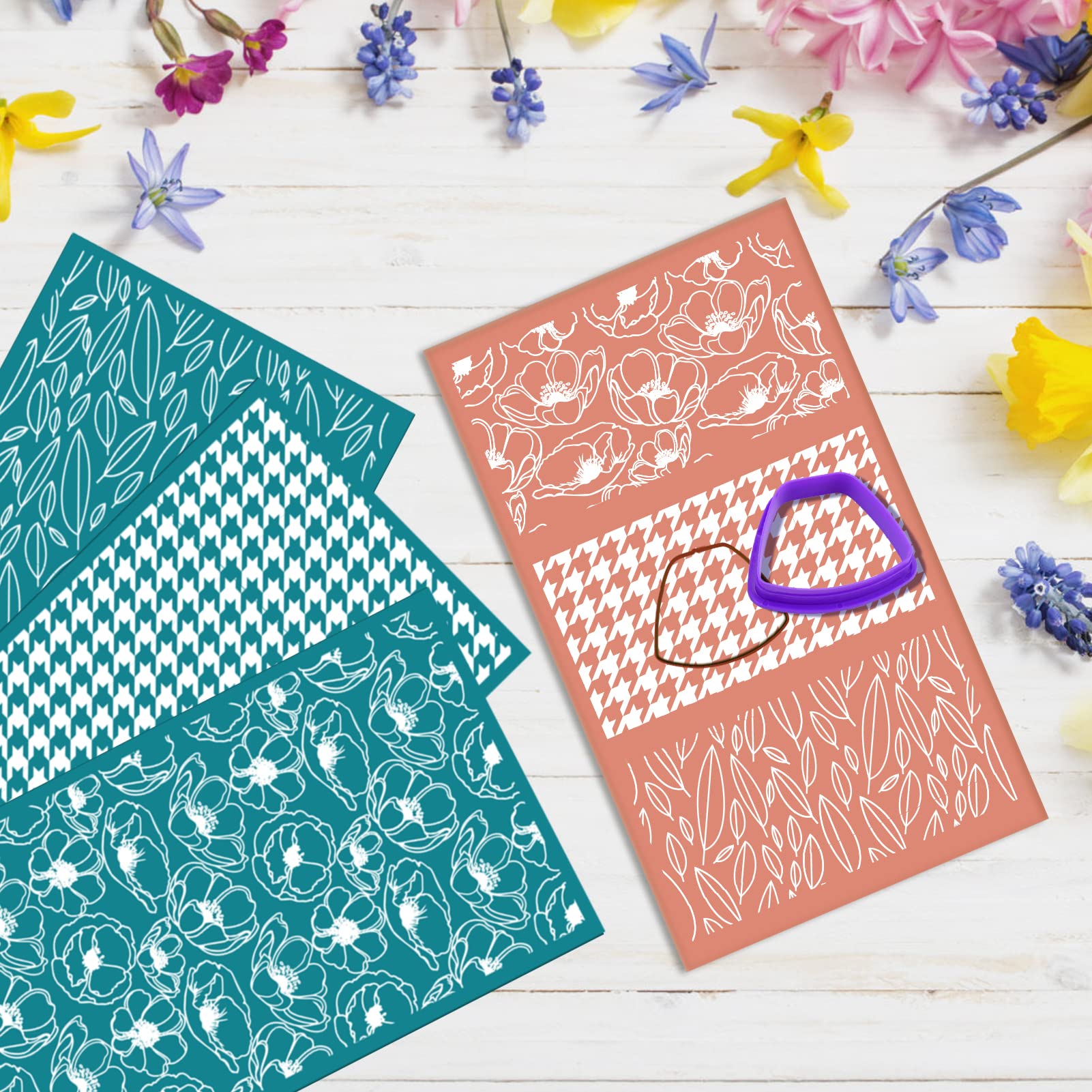 BABORUI Silk Screen Stencils for Polymer Clay, 3Pcs Reusable Silk Screen Stencils with 2Pcs Clay Scraper for Polymer Clay Cutters Clay Earring Jewelry Making Kit