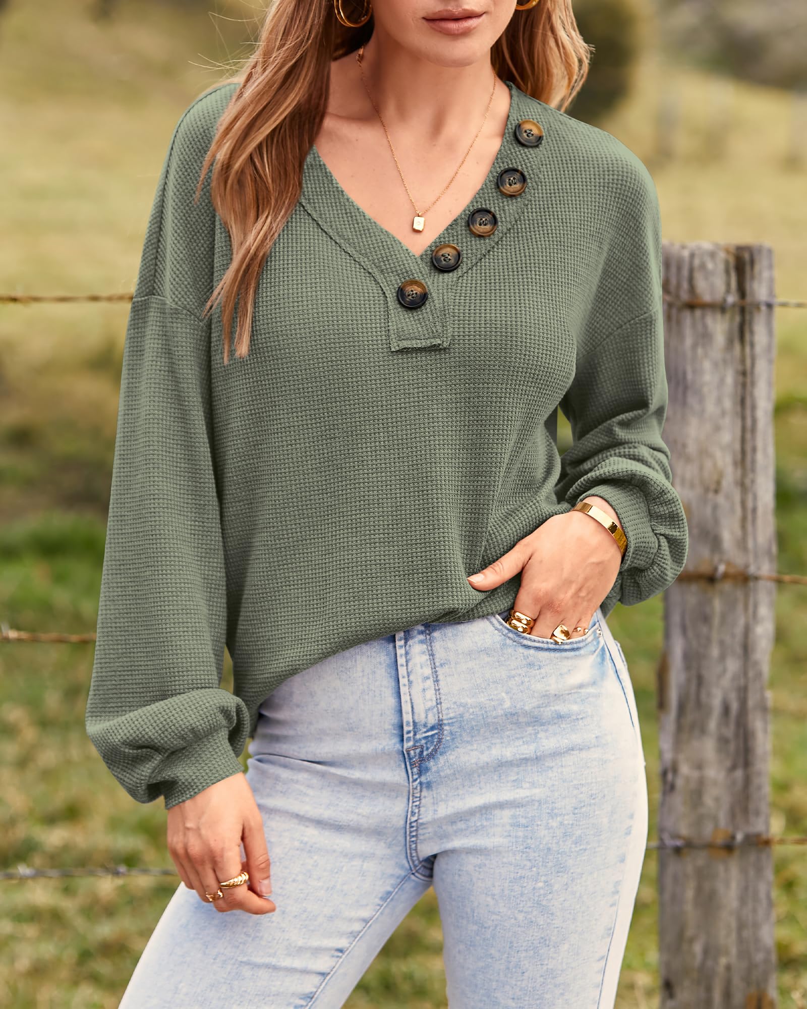 BTFBM Women Long Sleeve Shirts Fall Fashion 2025 V Neck Loose Casual Blouse Deco Button Lightweight Waffle Knit Pullover(Army Green, Small)
