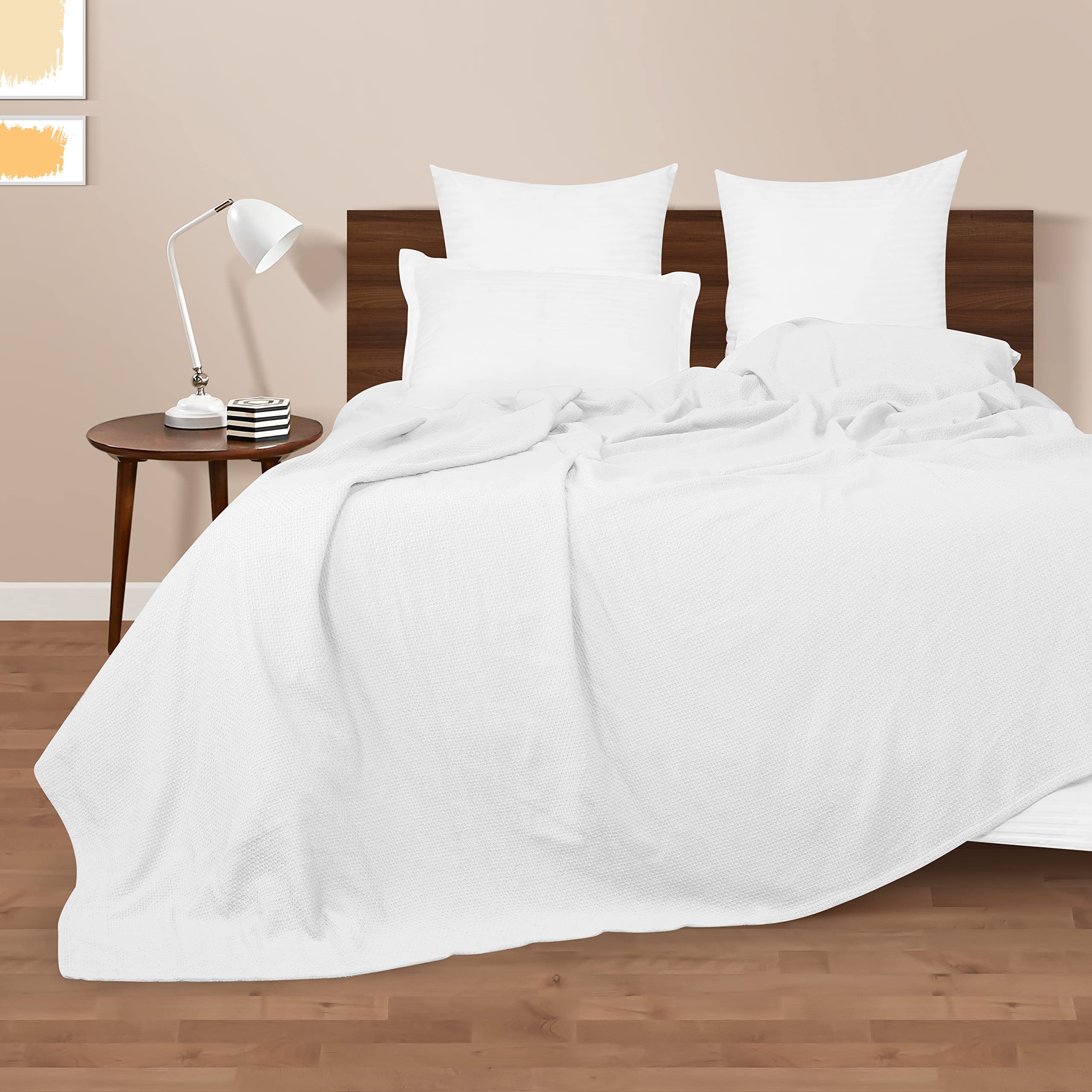 BOUTIQUO 100% Cotton Bed Blanket, Breathable Thermal Blanket Twin Size, Soft Honeycomb Waffle Blanket 60"x90", Cotton Bed Blanket, Perfect for Layering Any Bed for All Season, White
